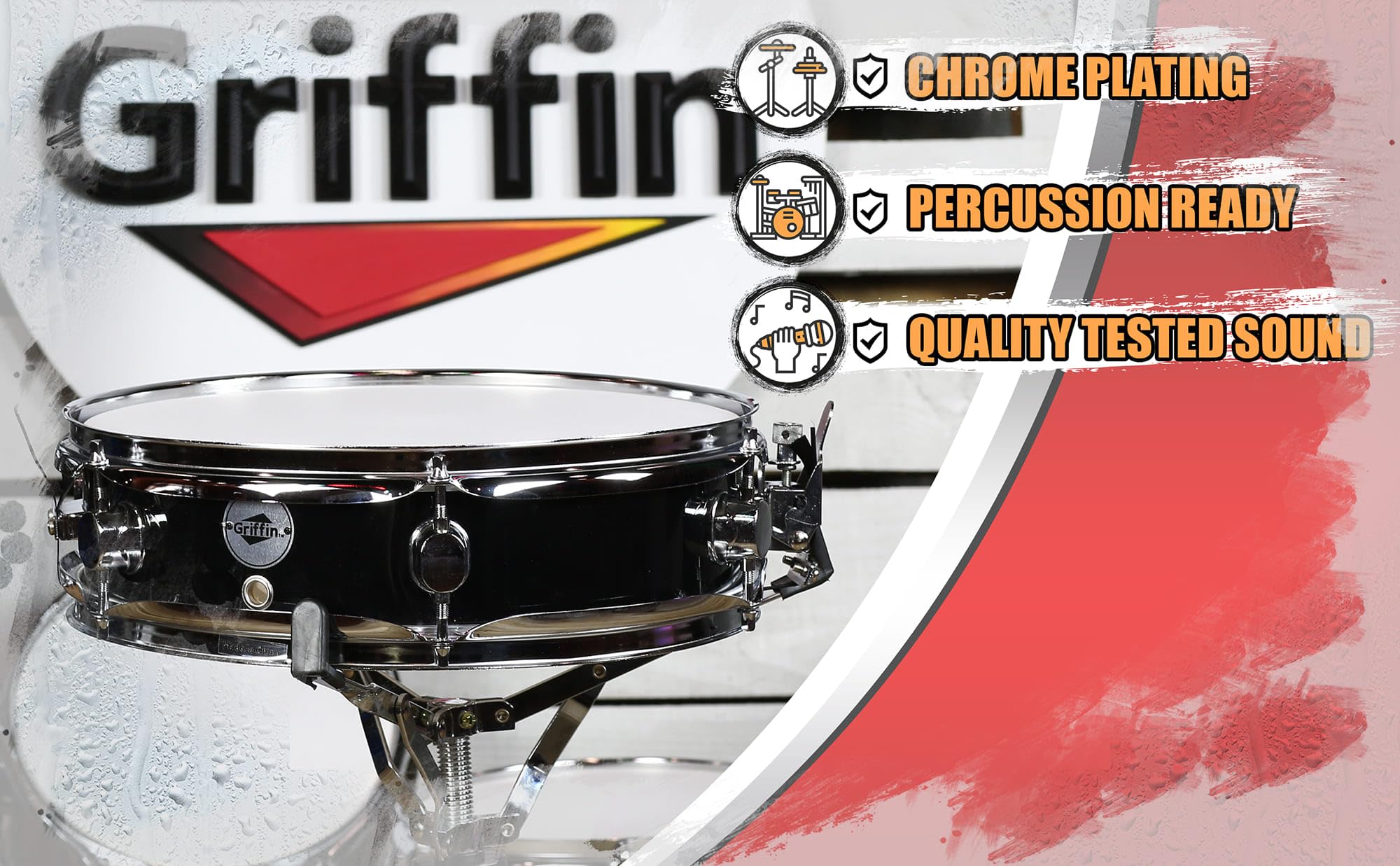 Piccolo Snare Drum 13" x 3.5" by GRIFFIN | 100% Poplar Wood Shell with Black PVC & White Coated Drum Head | Drummers Acoustic Marching Kit Percussion Instrument with Snare Strainer Throw Off Set