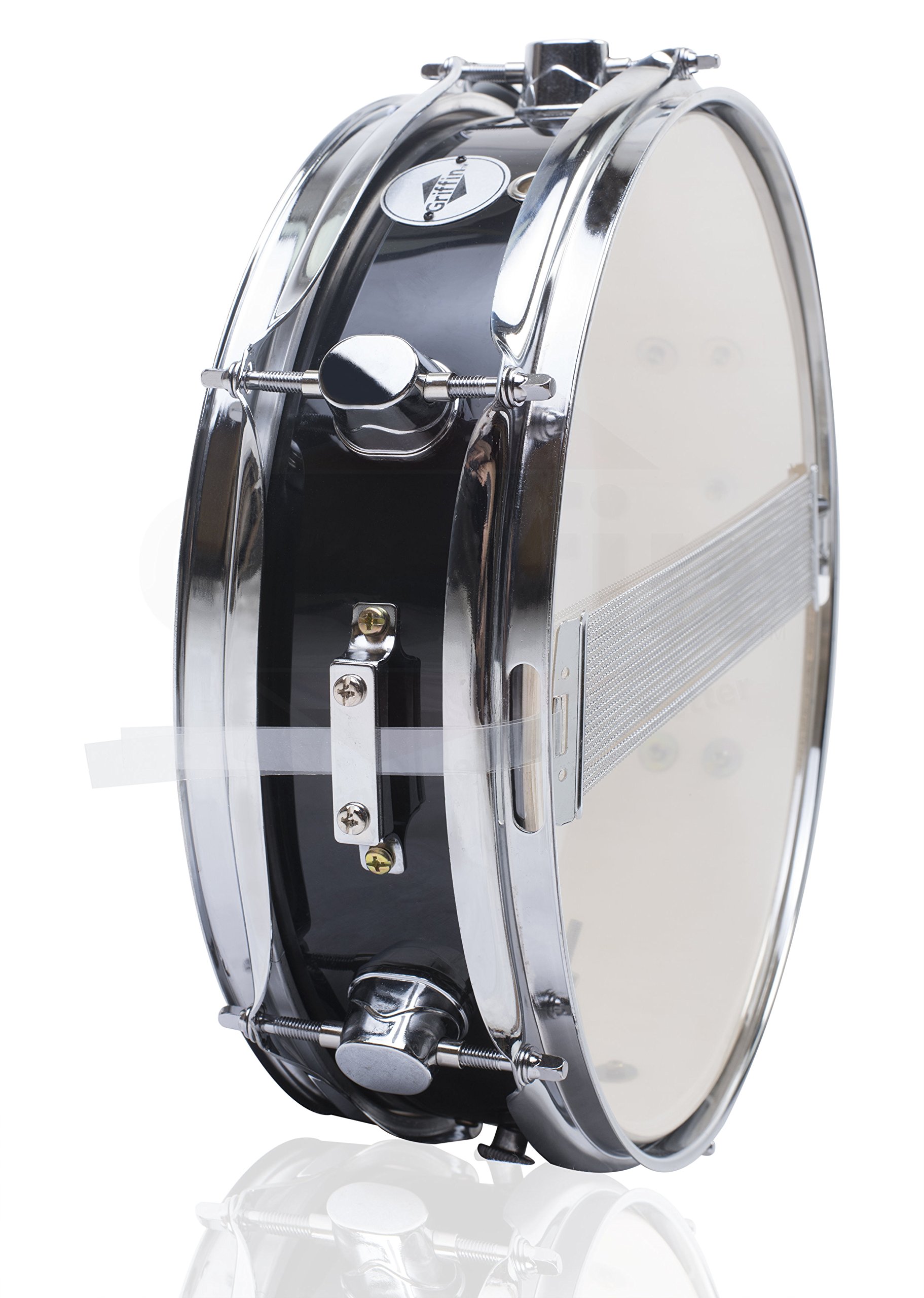 Piccolo Snare Drum 13" x 3.5" by GRIFFIN | 100% Poplar Wood Shell with Black PVC & White Coated Drum Head | Drummers Acoustic Marching Kit Percussion Instrument with Snare Strainer Throw Off Set