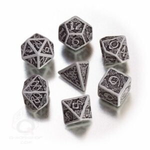 q workshop polyhedral 7-die set: celtic 3d gray & black dice set!