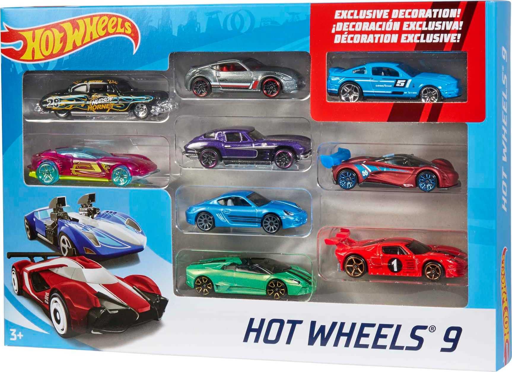 Hot Wheels Toy Cars or Trucks 9-Pack, Set of 9 Vehicles in 1:64 Scale, Including 1 Exclusive, for Kids & Collectors (Styles May Vary)