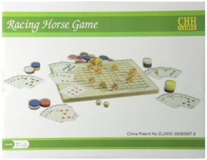 racing horse family game wood board, include 100 gaming chips, a deck of playing cards and two dice