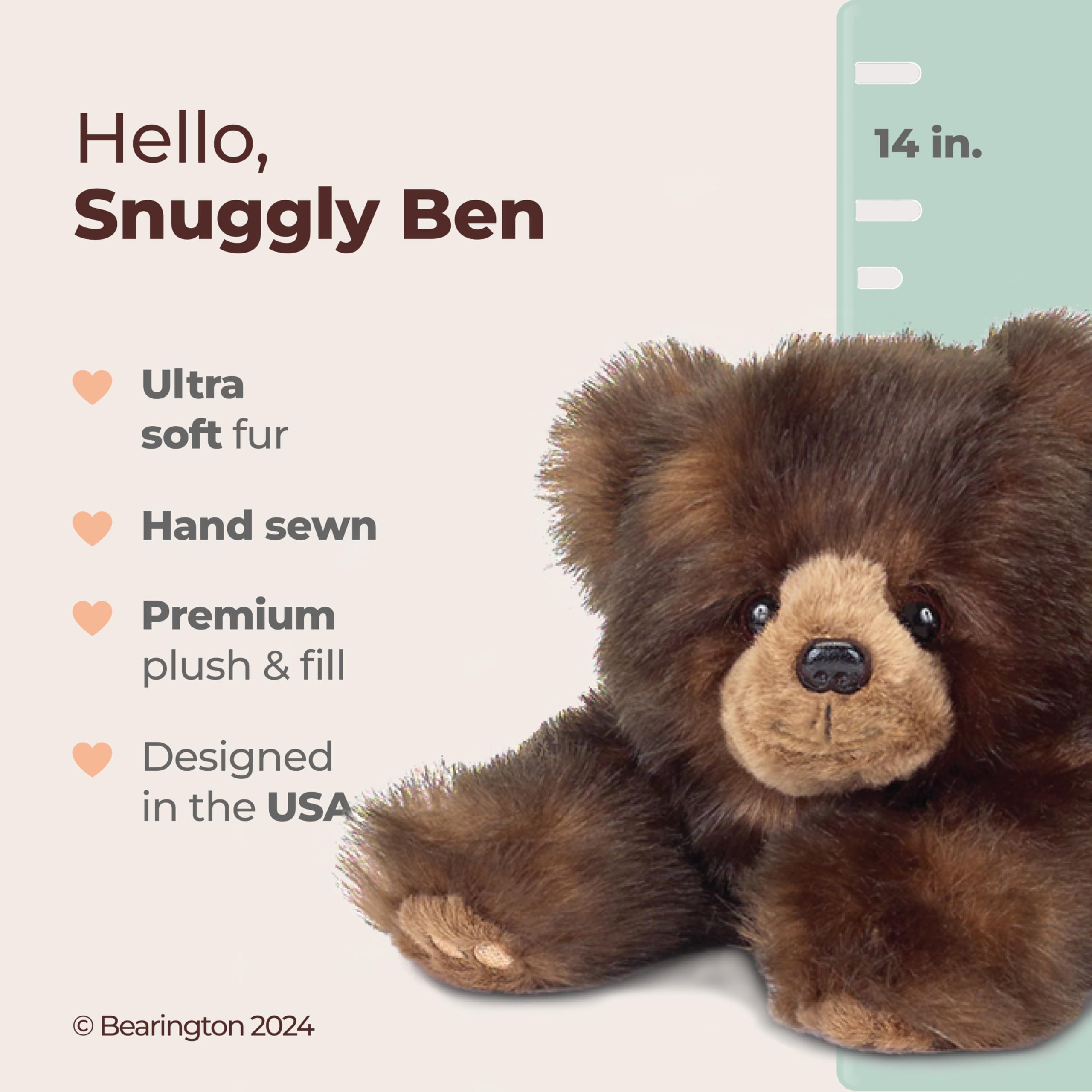 Bearington Snuggly Ben Plush Stuffed Animal Brown Grizzly Bear, 14"