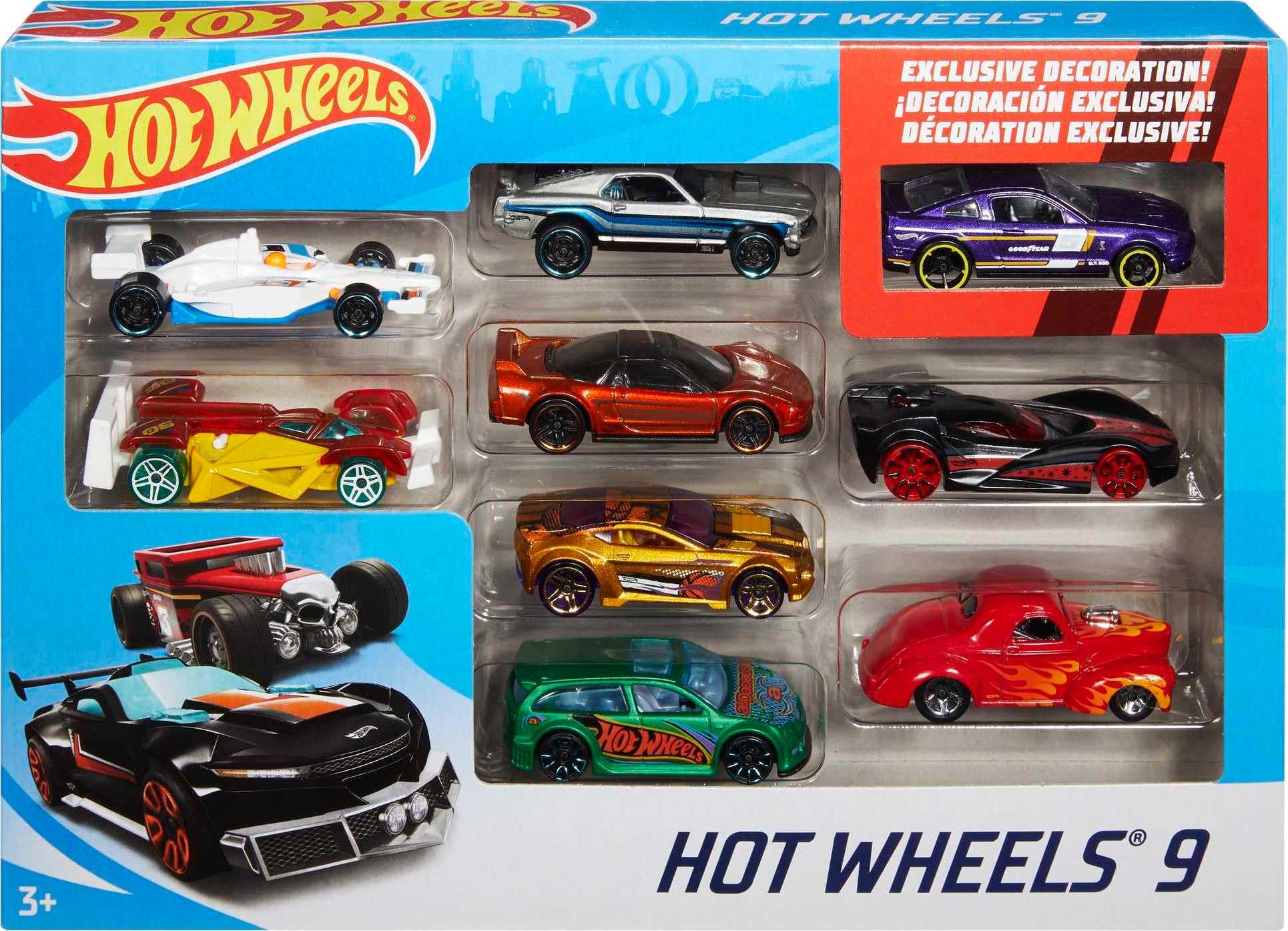 Hot Wheels Toy Cars or Trucks 9-Pack, Set of 9 Vehicles in 1:64 Scale, Including 1 Exclusive, for Kids & Collectors (Styles May Vary)