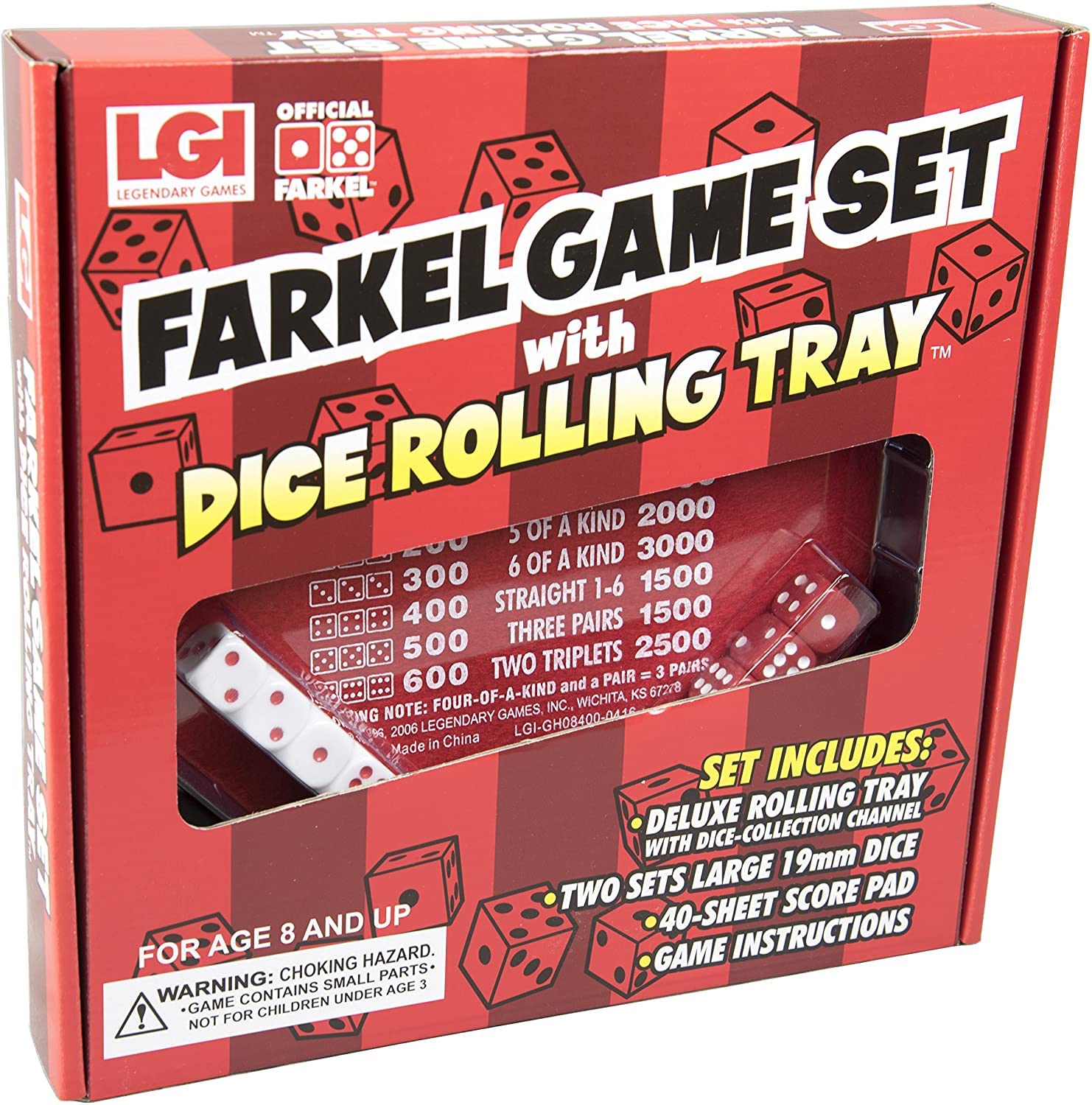 Farkel Game Set with Deluxe Dice Rolling Tray, Built-in Dice-Collection Channel, 2 Sets of Dice, 40-Sheet Scorepad, Classic Family Game