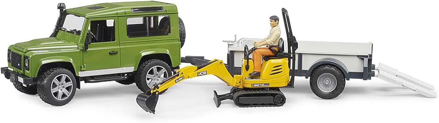 Bruder Land Rover Defender Rigid Drawbar Trailer Jcb Micro Excavator and Construction Worker for unisex-children