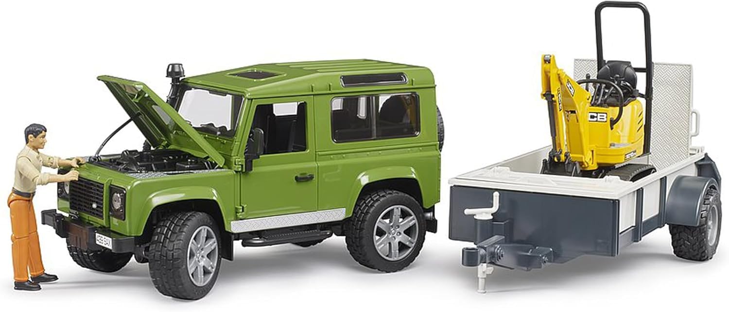 Bruder Land Rover Defender Rigid Drawbar Trailer Jcb Micro Excavator and Construction Worker for unisex-children