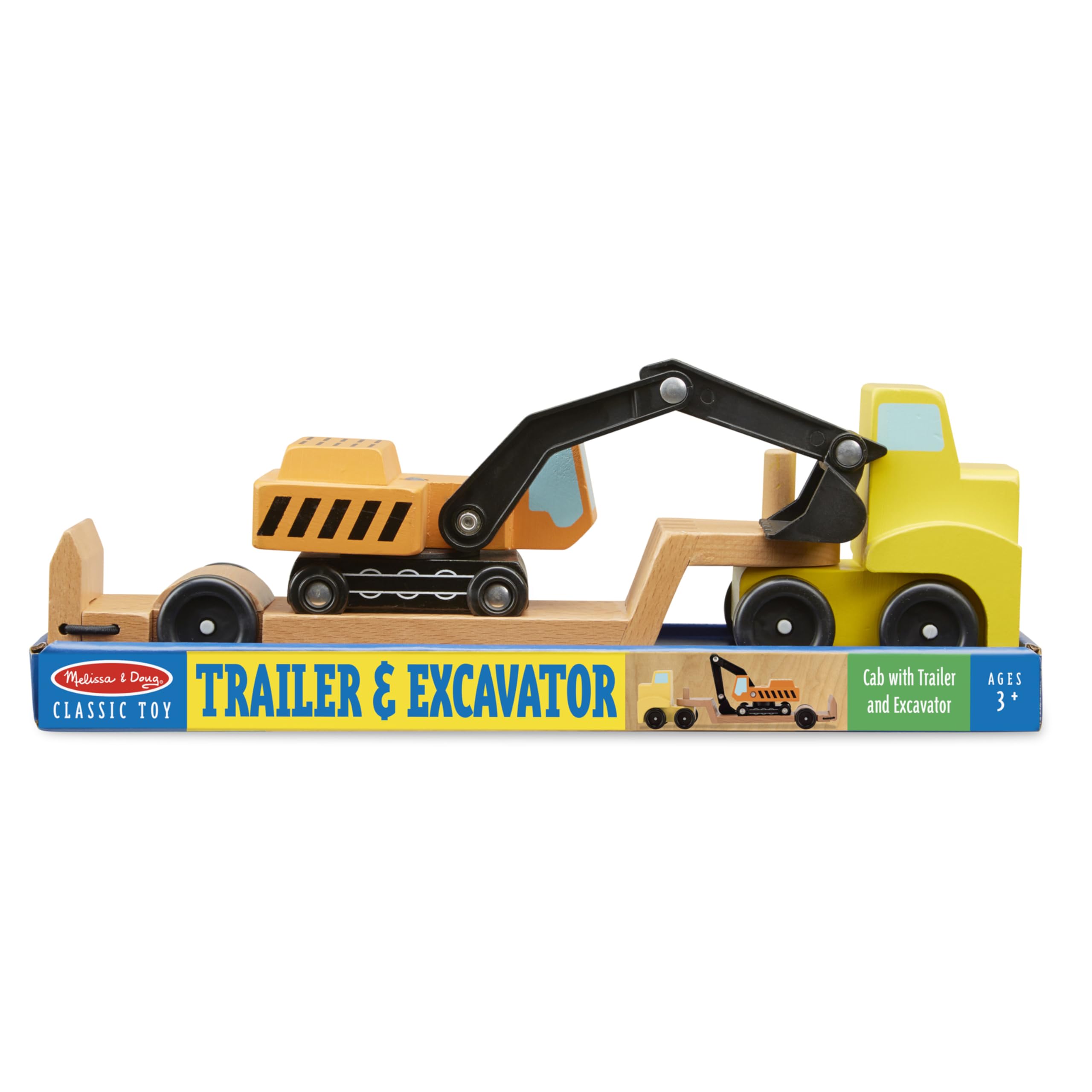 Melissa & Doug Trailer and Excavator Wooden Vehicle Set (3 pcs)