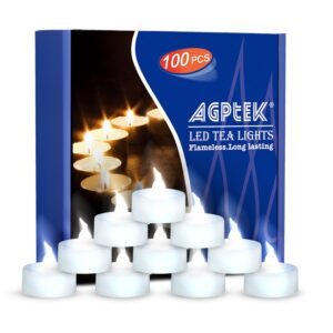 agptek tea lights,100 pack flameless led candles battery operated tealight candles no flicker long lasting tealight for wedding holiday party home decoration(cool white)