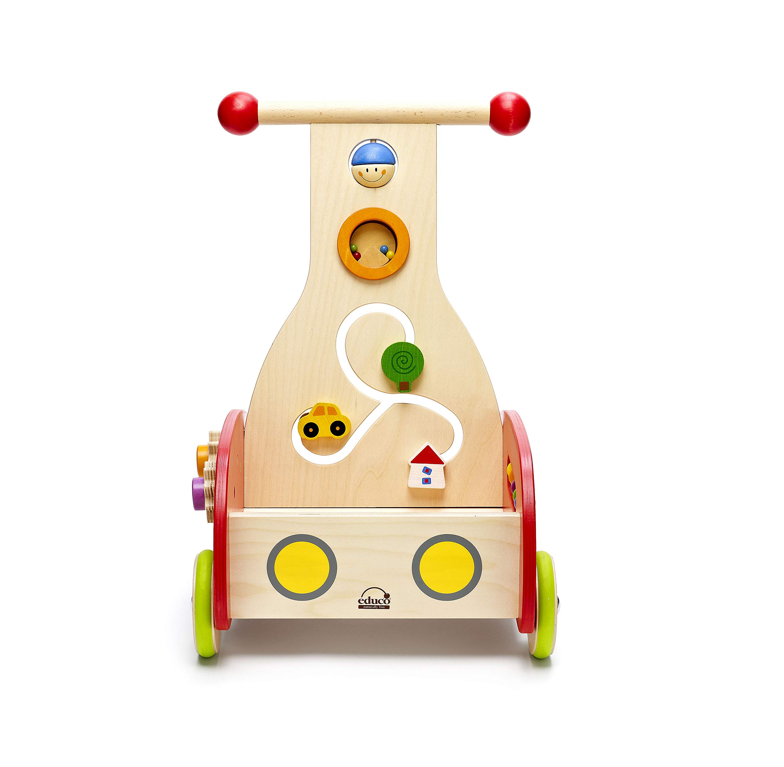 Hape Wonder Walker Push and Pull Toy | Award Winning Wooden Toddler Walking Activity Center, Rolling Baby Walker Toy, Red/Natural