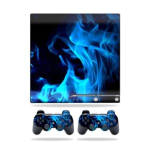 mightyskins skin compatible with sony playstation 3 ps3 slim skins + 2 controller skins sticker blue flames