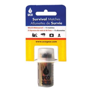 uco windproof and waterproof survival matches with sealed case and 2 strikers - 15 matches