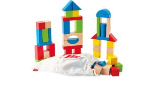 hape maple wood kids building blocks stacking wooden block educational toy set for toddlers, 50 brightly colored pieces in assorted shapes and sizes