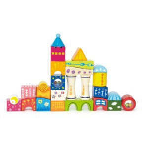 hape fantasia block castle award winning wooden castle building block stacking toy, unique shaped building block set, rainbow stacking toy with patterns