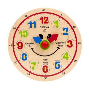 hape wooden colorful happy clock knob puzzle| clock time learning educational toy for kids