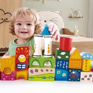 Hape Fantasia Block Castle Award Winning Wooden Castle Building Block Stacking Toy, Unique Shaped Building Block Set, Rainbow Stacking Toy with Patterns