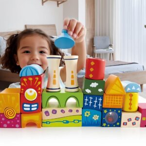 Hape Fantasia Block Castle Award Winning Wooden Castle Building Block Stacking Toy, Unique Shaped Building Block Set, Rainbow Stacking Toy with Patterns