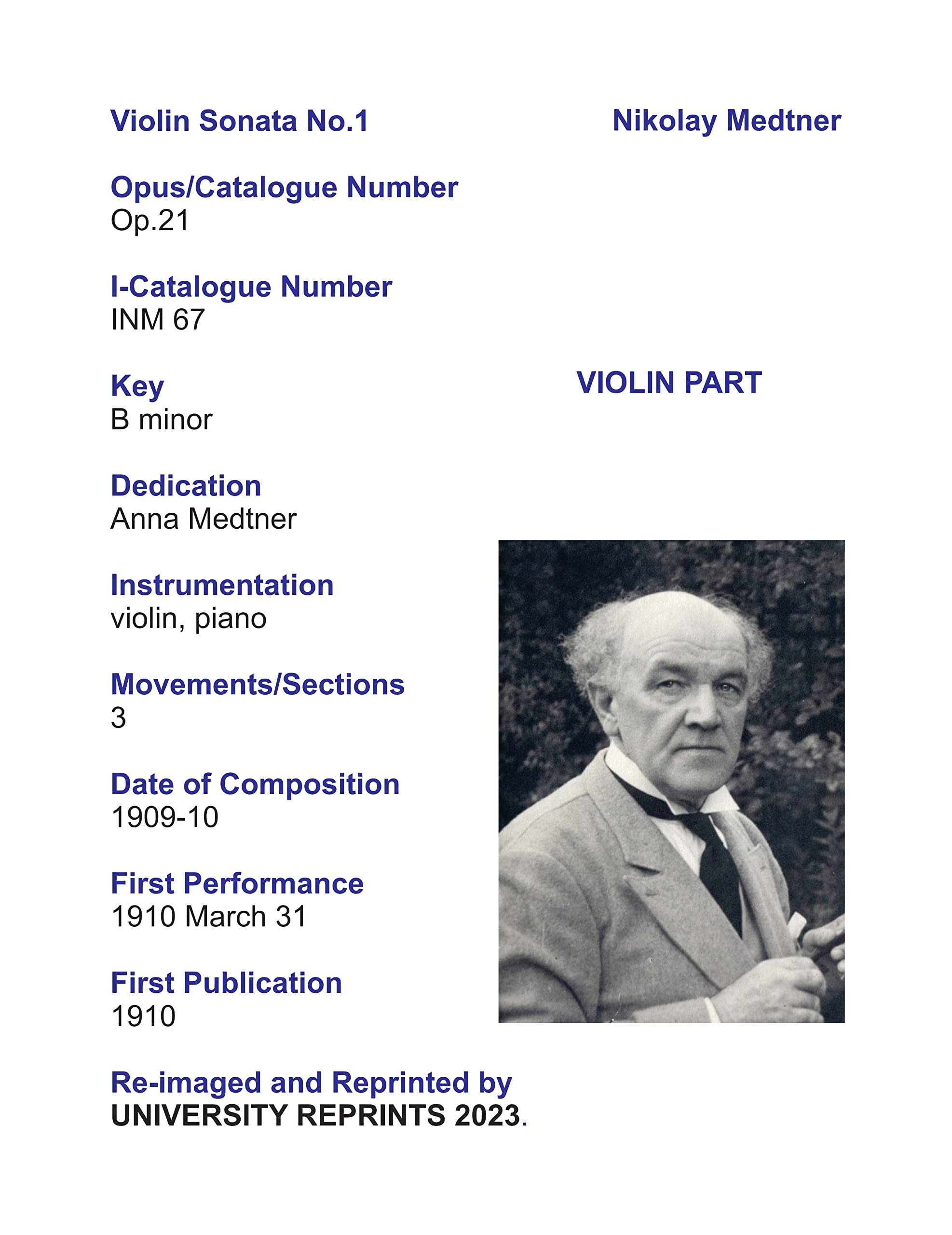 Violin Sonata No.1, Op.21 by Nikolay Medtner - Complete Score, All Movements (Student Facsimile)