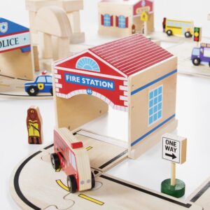 guidecraft community buildings: set of 6 block play buildings (fire station, police department, hospital, school, grocery store & service station) - kids learning & educational toys