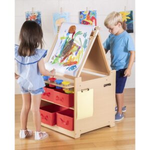 Guidecraft Desk to Easel Art Cart - Folding Art Easel for Kids, Craft Storage Center with Chalkboard and Whiteboard | Toddler Art and Activity Desk with Fabric Storage Bins | Wooden Classroom Easel