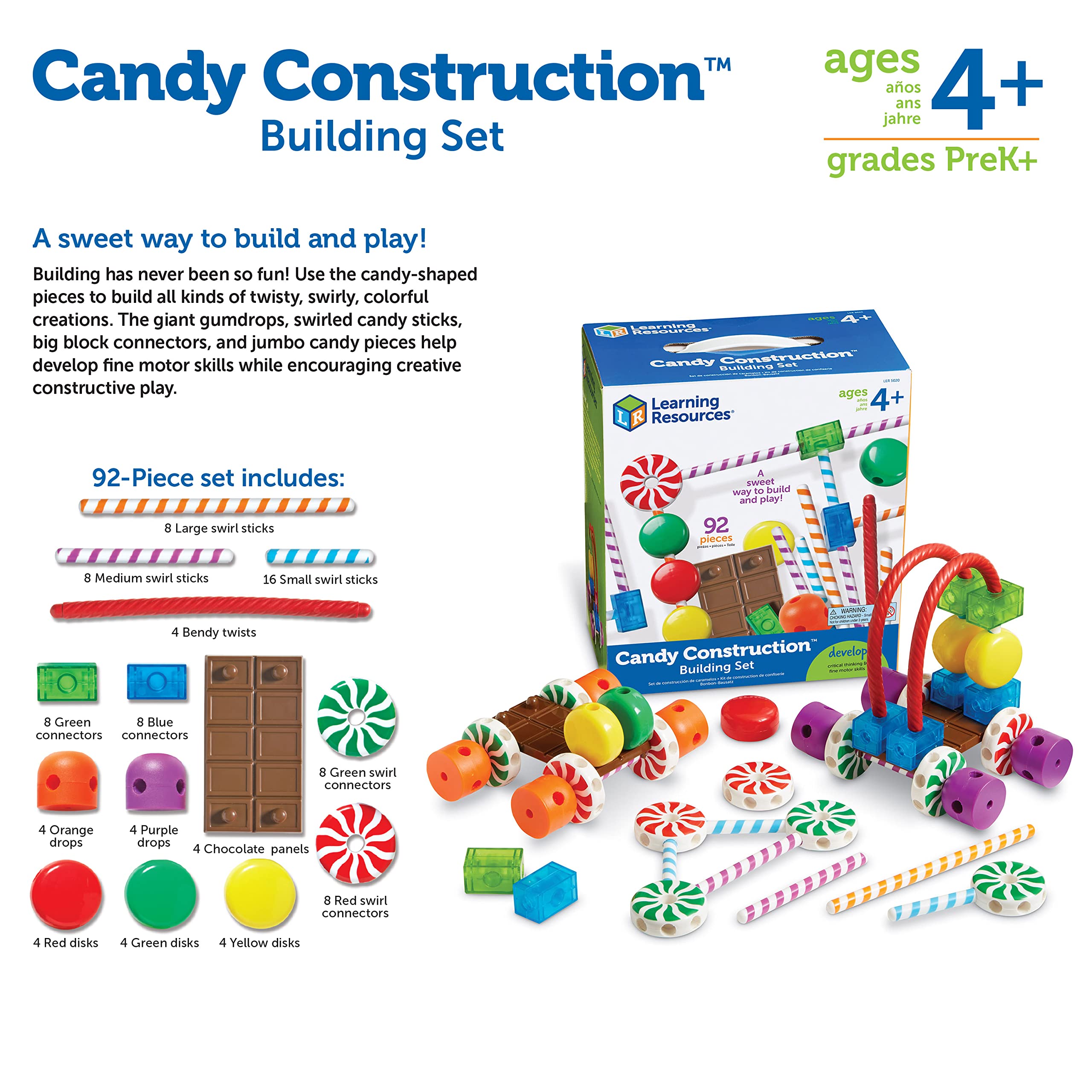 Learning Resources Candy Construction Building Set - 92 Pieces, Ages 4+,Toddler Learning Toys, Fine Motor Building Toy, Preschool Toys, STEM Toys