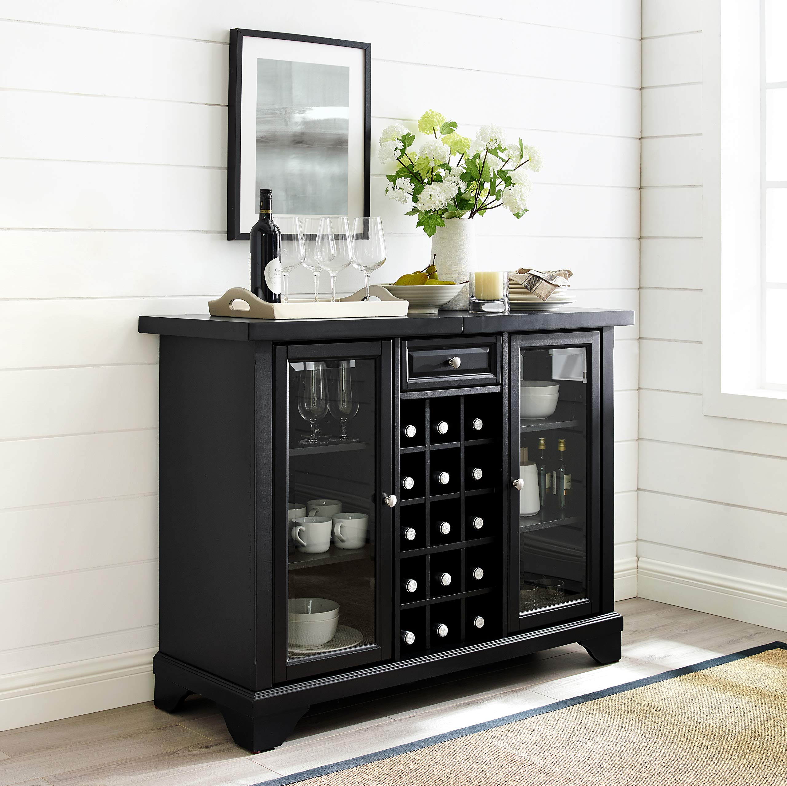 Crosley Furniture Alexandria Sliding Top Bar Cabinet with Storage Shelves, Drawer, and Wine Rack, Vintage Mahogany