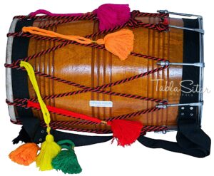 dhol drum by maharaja musicals, mango wood, natural, barrel shaped, padded bag, beaters, nylon shoulder strap, punjabi bhangra dhol musical instrument (pdi-ge)