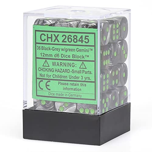 Chessex d6 Sets: Gemini Black & Grey/Gray with Green - 12mm Six Sided Die (36)