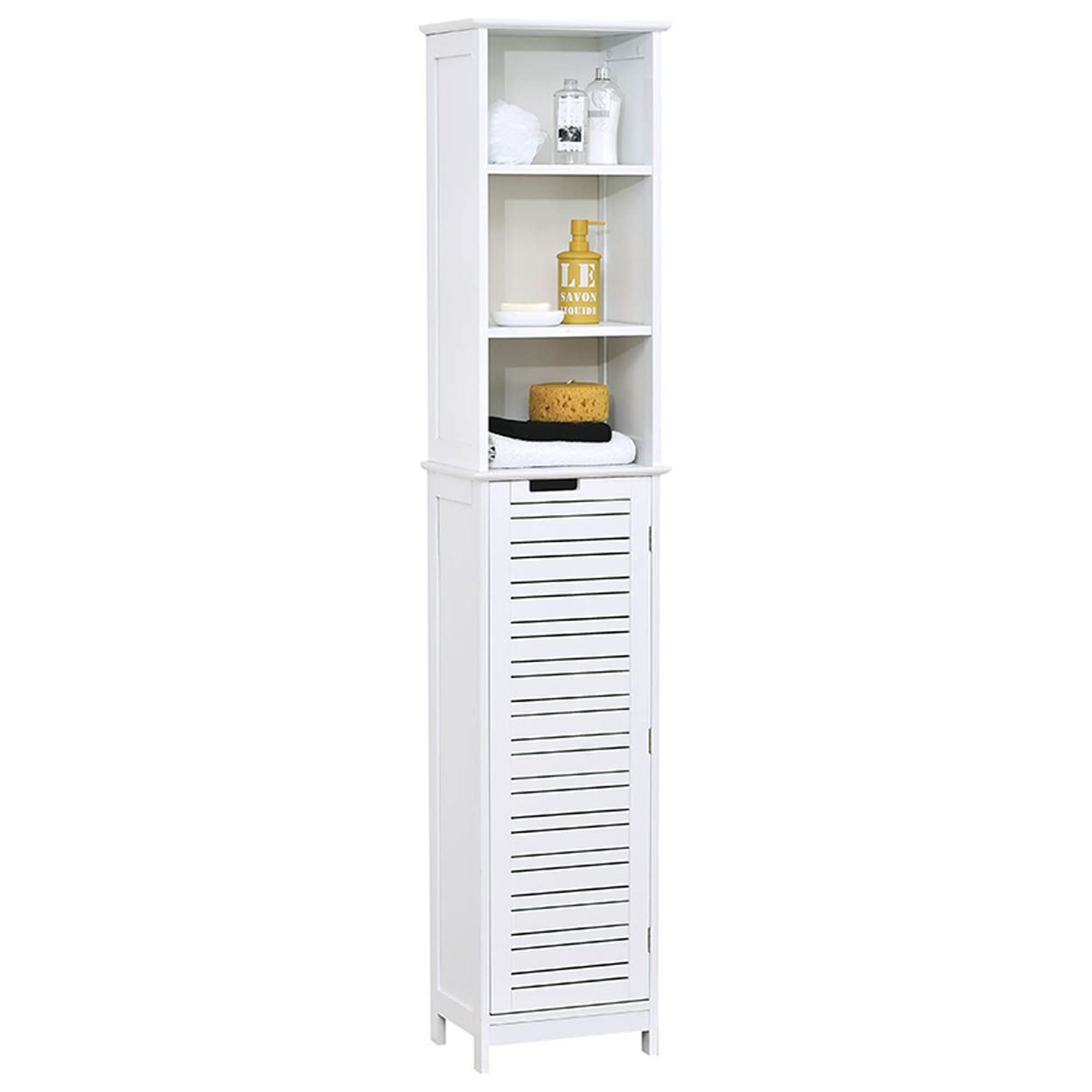 EVIDECO French Home Goods Bathroom Linen Tower Cabinet Miami 1 Door 5 Shelves Wood White