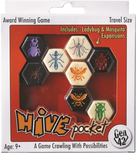 Smart Zone Games Hive Pocket Portable Strategic Board Game for 2 Players – Includes Ladybug & Mosquito Expansions – Compact Travel Version of The Award-Winning Hive Game