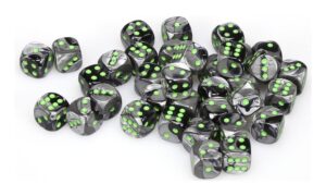 chessex d6 sets: gemini black & grey/gray with green - 12mm six sided die (36)