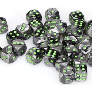 Chessex d6 Sets: Gemini Black & Grey/Gray with Green - 12mm Six Sided Die (36)