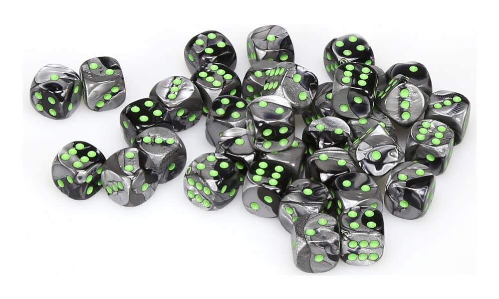 Chessex d6 Sets: Gemini Black & Grey/Gray with Green - 12mm Six Sided Die (36)