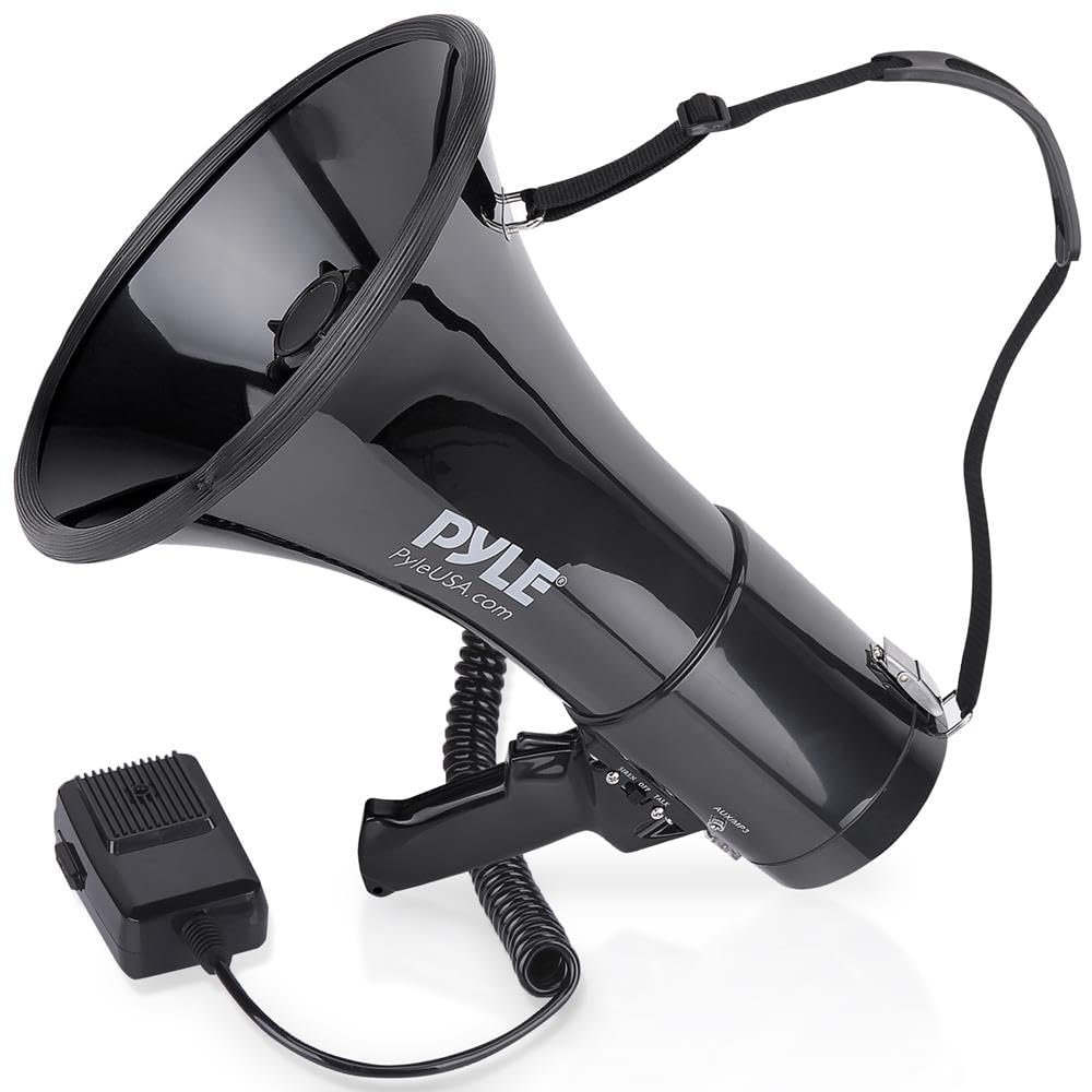 Pyle Megaphone Speaker PA Bullhorn with Built-in Siren 50 Watts & Adjustable Volume Ideal for Football, Baseball, Hockey, Cheerleading Fans & Coaches or for Safety Drills - PMP53IN, Black