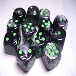 chessex dice d6 sets: gemini black/grey/gray with green - 16mm six sided die (12) block of dice, multicolor