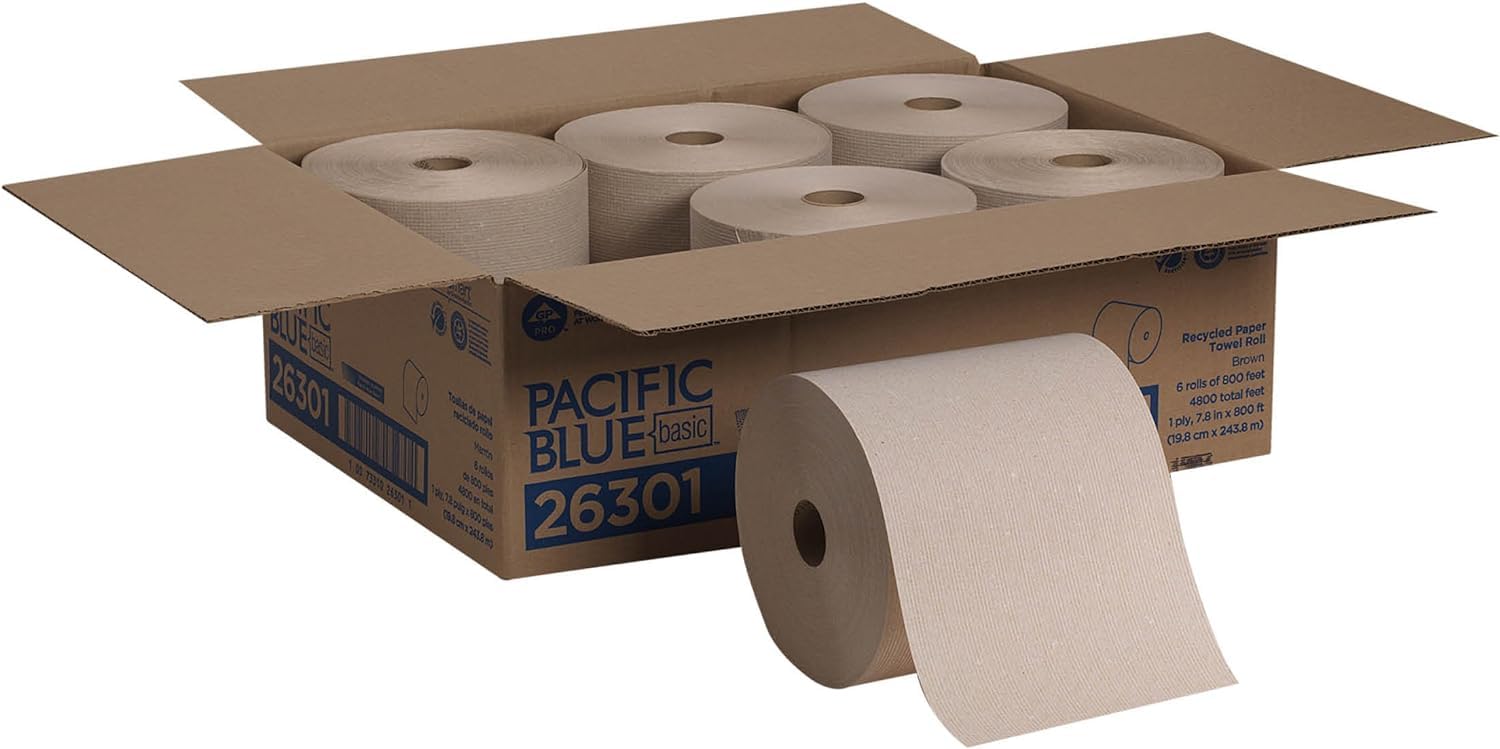 Pacific Blue Basic Recycled Hardwound Paper Towel Rolls by GP PRO (Georgia-Pacific), Brown, 26301, 800 Feet Roll