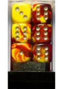 chessex dice d6 sets: gemini red & yellow with white - 16mm six sided die (12) block of dice