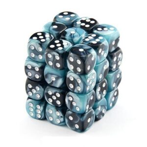 chessex dice d6 sets: gemini black & shell with white - 12mm six sided die (36) block of dice