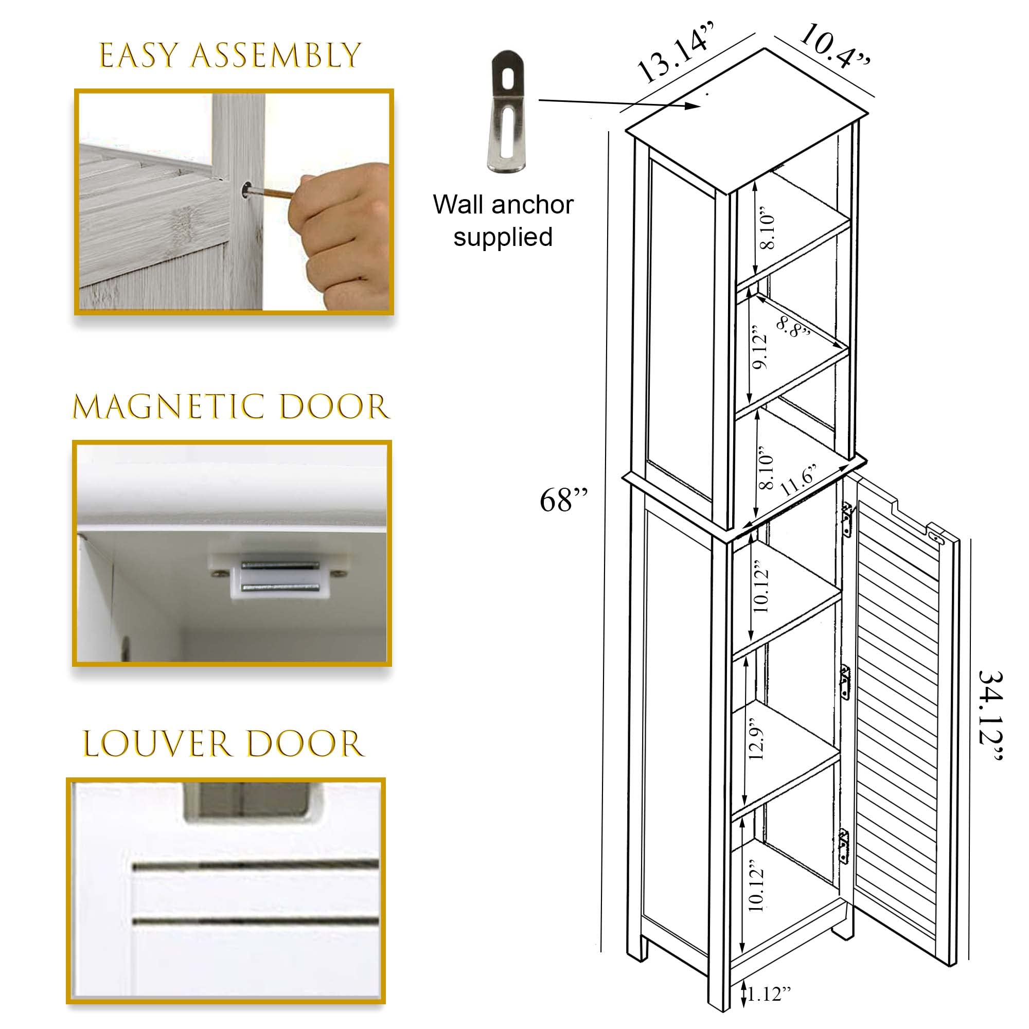 EVIDECO French Home Goods Bathroom Linen Tower Cabinet Miami 1 Door 5 Shelves Wood White