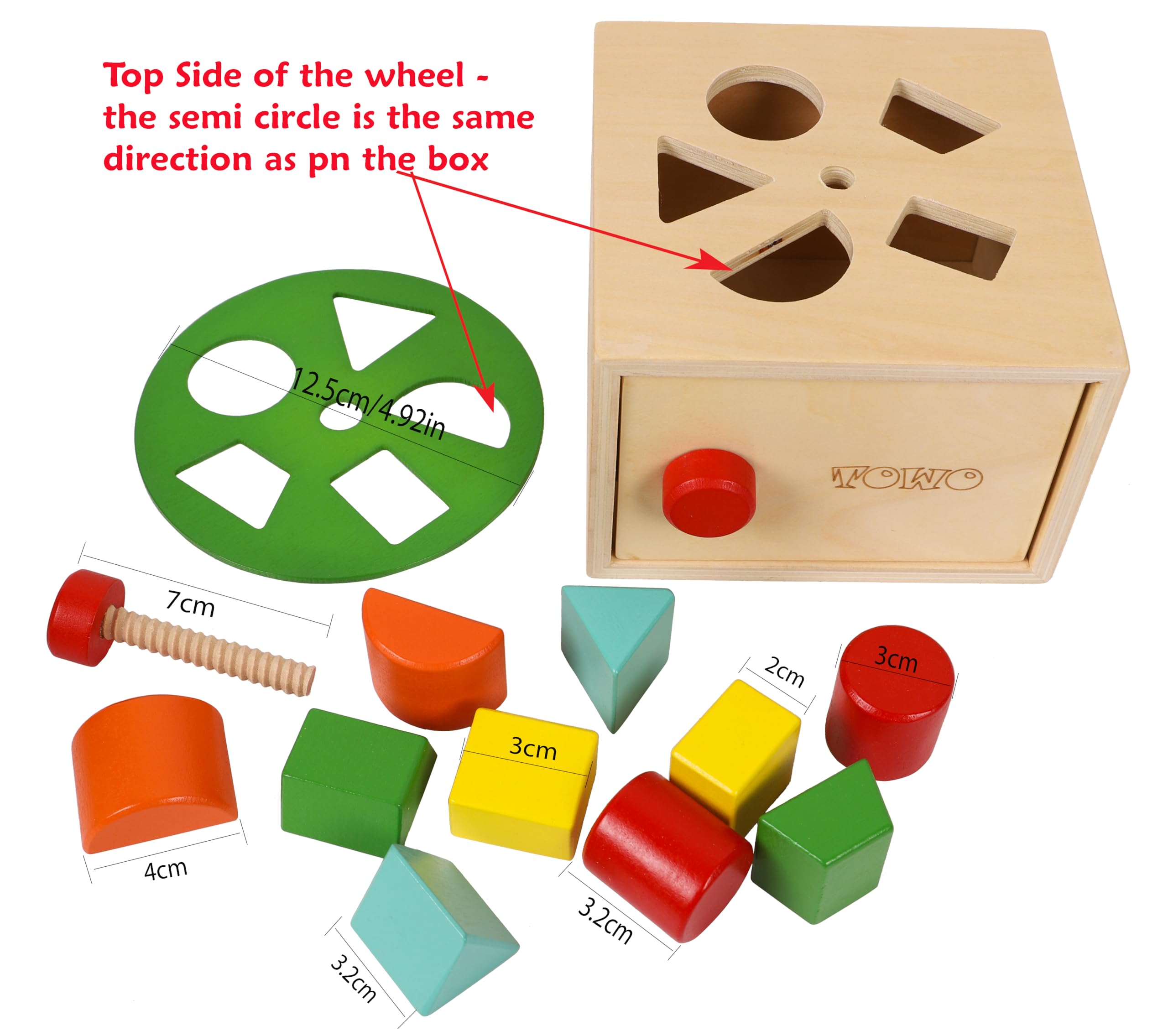 TOWO Wooden Shape Sorter - Sorting Box with Latch Lock - Rotating Wheel -Screw- and Shape Blocks- Sorting Cube Educational Toys for Kids Early Learning Montessori Materials