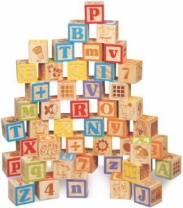 maxim deluxe wooden abc blocks. extra-large engraved baby alphabet letters, counting & building block set