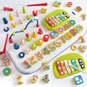 通用 educational learning montessori toys for kids,7 in 1 puzzles number shape sorter counting stacker with number blocks,xylophone, fishing game for toddler, gift for1 2 3 4 5 year old boys girls