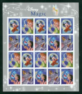 the art of disney: magic, full sheet of 20 x 41-cent postage stamps, usa 2007, scott 4192-95