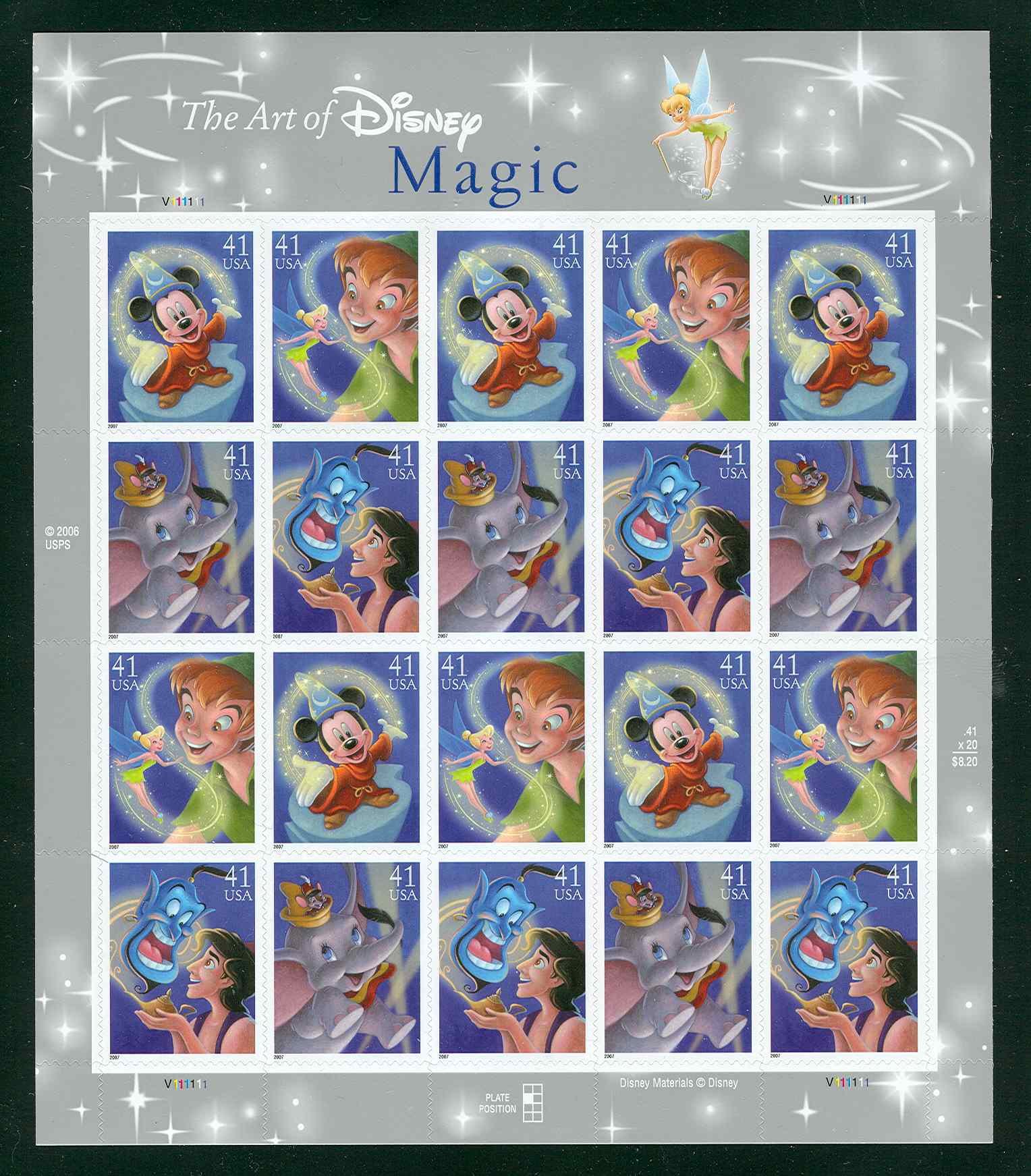 The Art of Disney: Magic, Full Sheet of 20 x 41-Cent Postage Stamps, USA 2007, Scott 4192-95