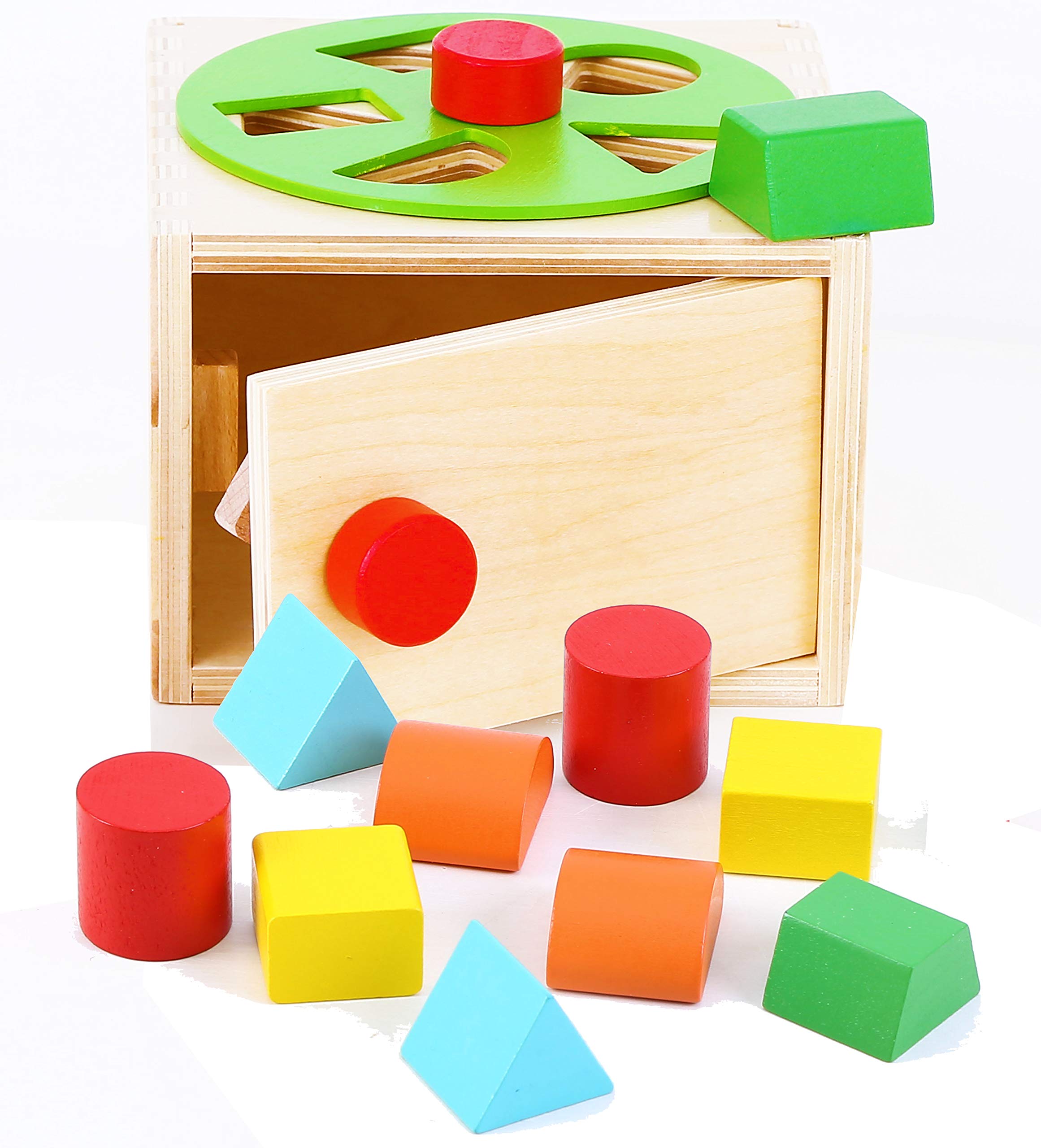 TOWO Wooden Shape Sorter - Sorting Box with Latch Lock - Rotating Wheel -Screw- and Shape Blocks- Sorting Cube Educational Toys for Kids Early Learning Montessori Materials