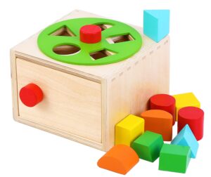 towo wooden shape sorter - sorting box with latch lock - rotating wheel -screw- and shape blocks- sorting cube educational toys for kids early learning montessori materials