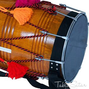 Dhol Drum by Maharaja Musicals, Mango Wood, Natural, Barrel Shaped, Padded Bag, Beaters, Nylon Shoulder Strap, Punjabi Bhangra Dhol Musical Instrument (PDI-GE)