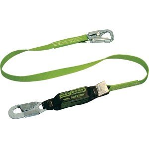 miller 6' green single leg backbiter lanyard with sofstop shock absorber with 1 locking snap hook and 1 miller 5k locking snap hook