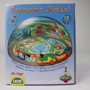 Lena 52120 tin Toys Panorama Ø19 cm, Plastic Humming, Classical Pump Mechanism, Musical Locomotive, Stand, Spinning top for Children from 18 Months, Colourful