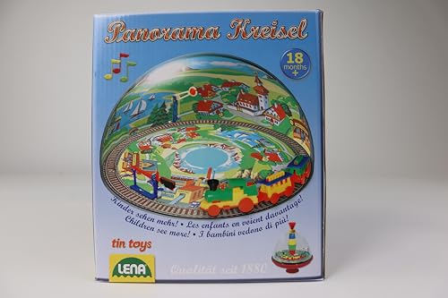 Lena 52120 tin Toys Panorama Ø19 cm, Plastic Humming, Classical Pump Mechanism, Musical Locomotive, Stand, Spinning top for Children from 18 Months, Colourful