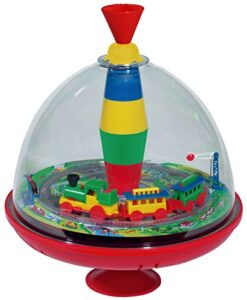 lena 52120 tin toys panorama Ø19 cm, plastic humming, classical pump mechanism, musical locomotive, stand, spinning top for children from 18 months, colourful